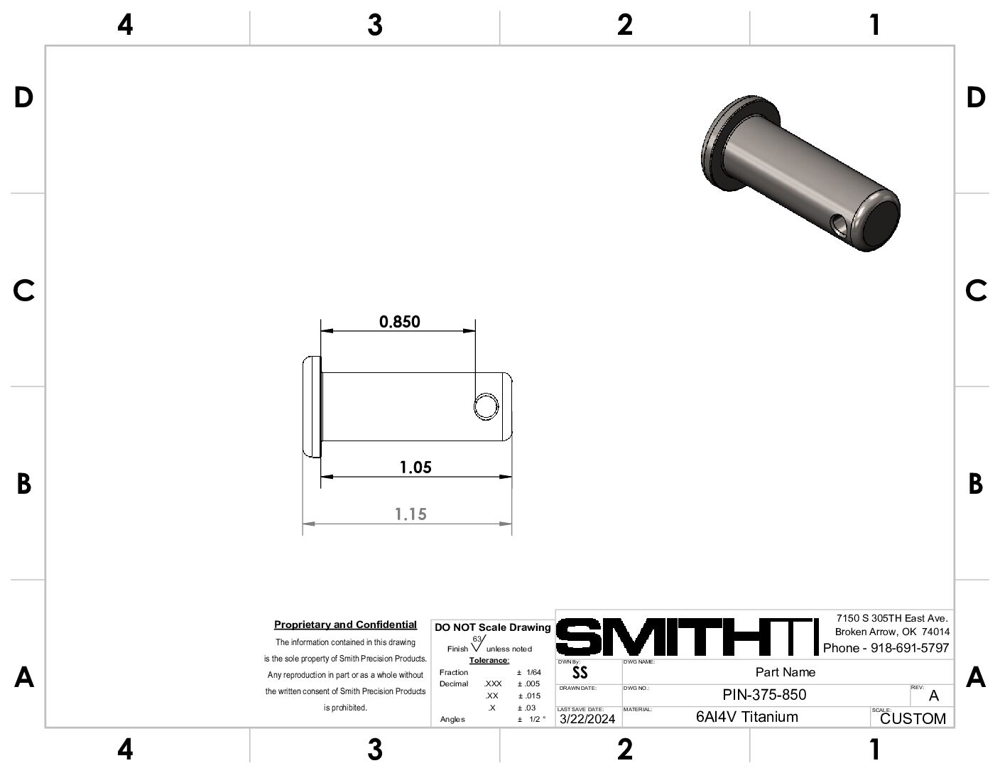 Titanium Pin 3/8 x .850 : Smith Titanium